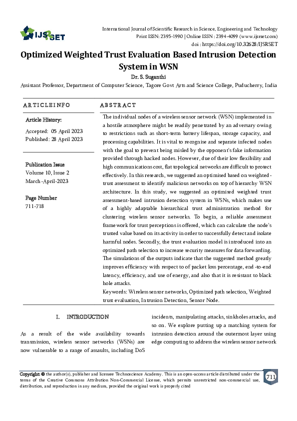 (PDF) Optimized Weighted Trust Evaluation Based Intrusion Detection System in WSN