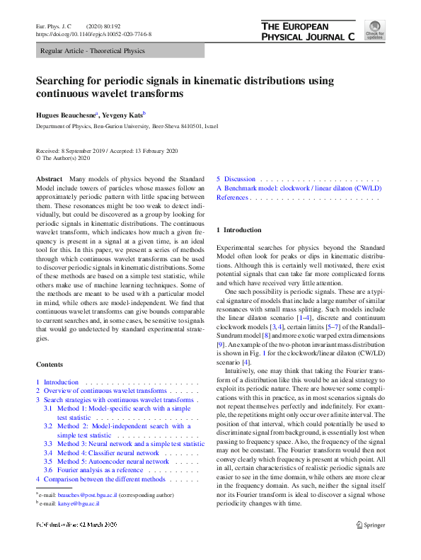 Pdf Searching For Periodic Signals In Kinematic Distributions Using Continuous Wavelet Transforms