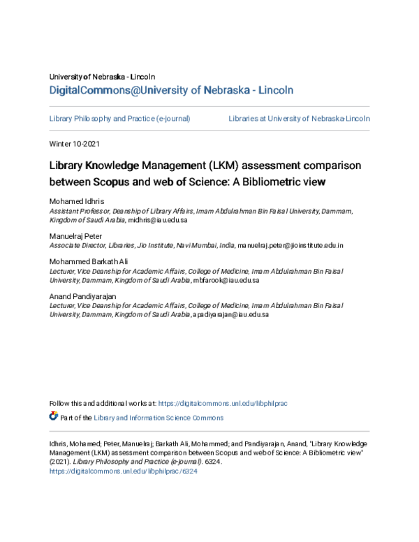 (PDF) Library Knowledge Management (LKM) assessment comparison between Scopus and web of Science ...