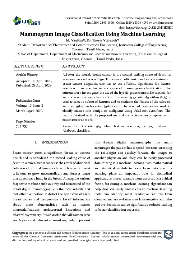 Pdf Mammogram Image Classification Using Machine Learning International Journal Of 9350