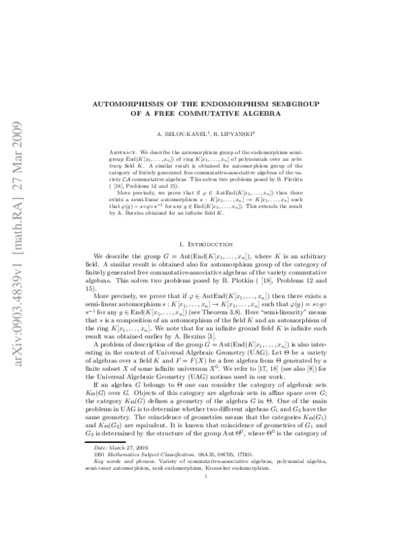 (PDF) Automorphisms of the endomorphism semigroup of a polynomial algebra