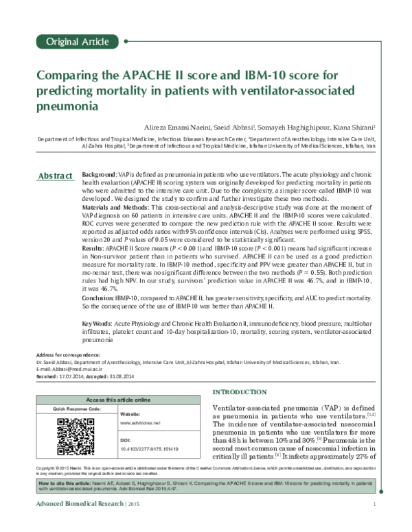 Pdf Comparing The Apache Ii Score And Ibm 10 Score For Predicting