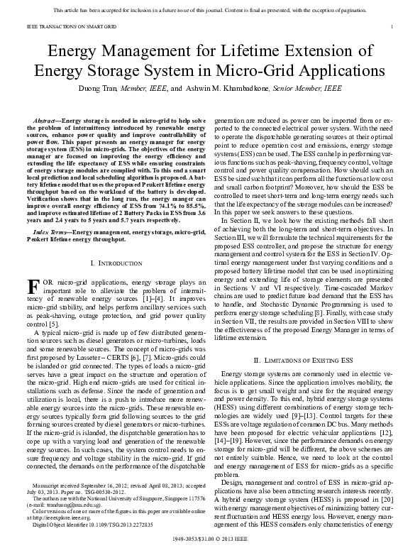 Pdf Energy Management For Lifetime Extension Of Energy Storage System In Micro Grid Applications