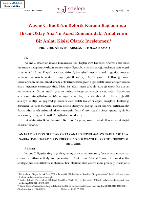 (PDF) Wayne C. Booth’un Retorik Kuramı Bağlamında Amat’ın Anlatıcısının Bir Anlatı Kişisi Olarak ...