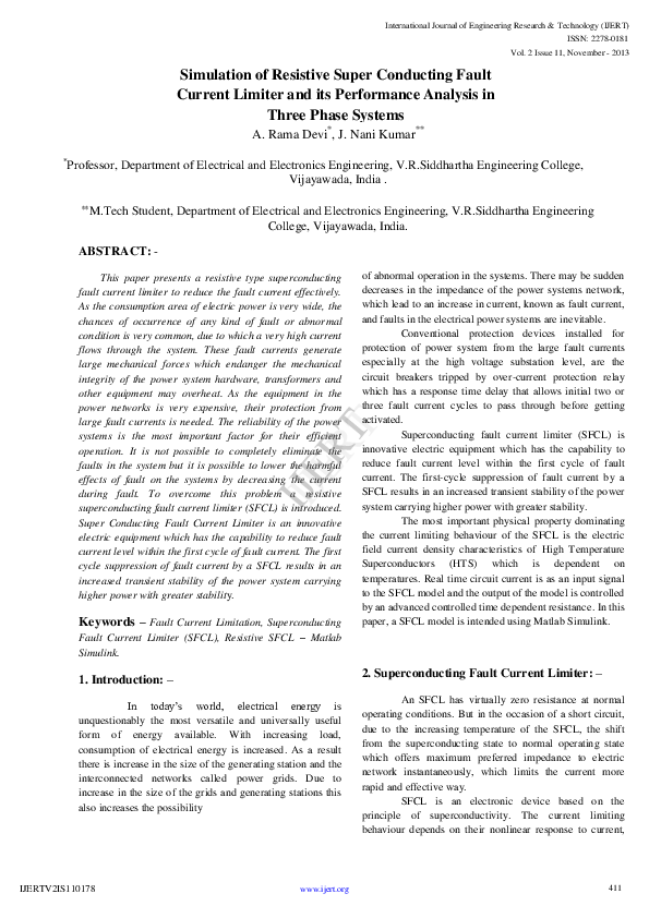Pdf Simulation Of Resistive Super Conducting Fault Current Limiter And Its Performance