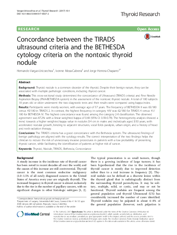 (PDF) Concordance between the TIRADS ultrasound criteria and the BETHESDA cytology criteria on ...