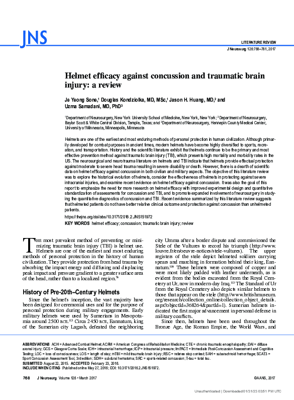 (PDF) Helmet efficacy against concussion and traumatic brain injury: a ...