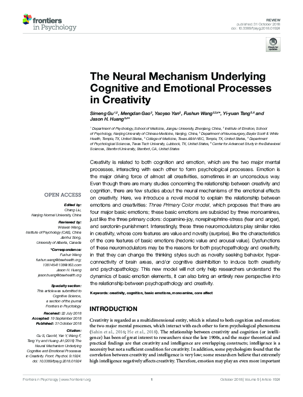 (PDF) The Neural Mechanism Underlying Cognitive and Emotional Processes in Creativity