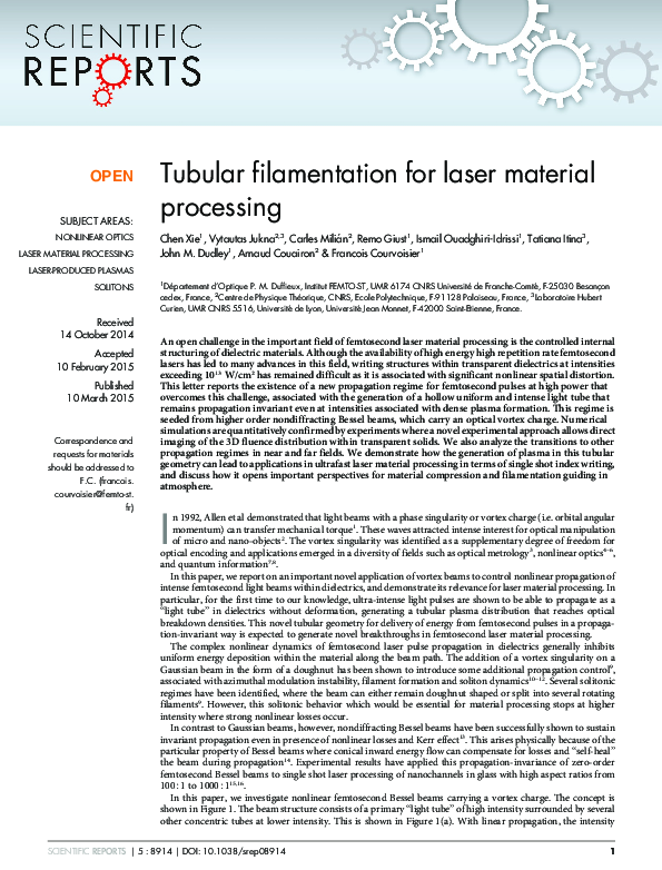 (PDF) Tubular filamentation for laser material processing