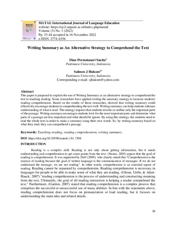 (PDF) Writing Summary as An Alternative Strategy To Comprehend The Text