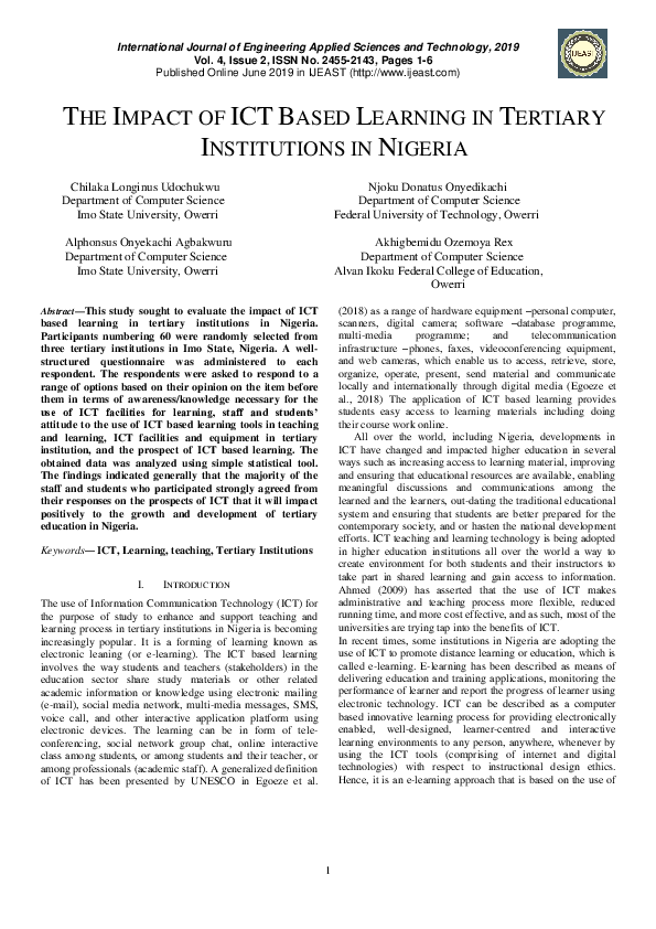 (PDF) The Impact of Ict Based Learning in Tertiary Institutions in Nigeria