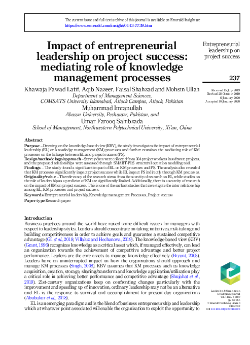 (PDF) Impact of entrepreneurial leadership on project success: mediating role of knowledge ...