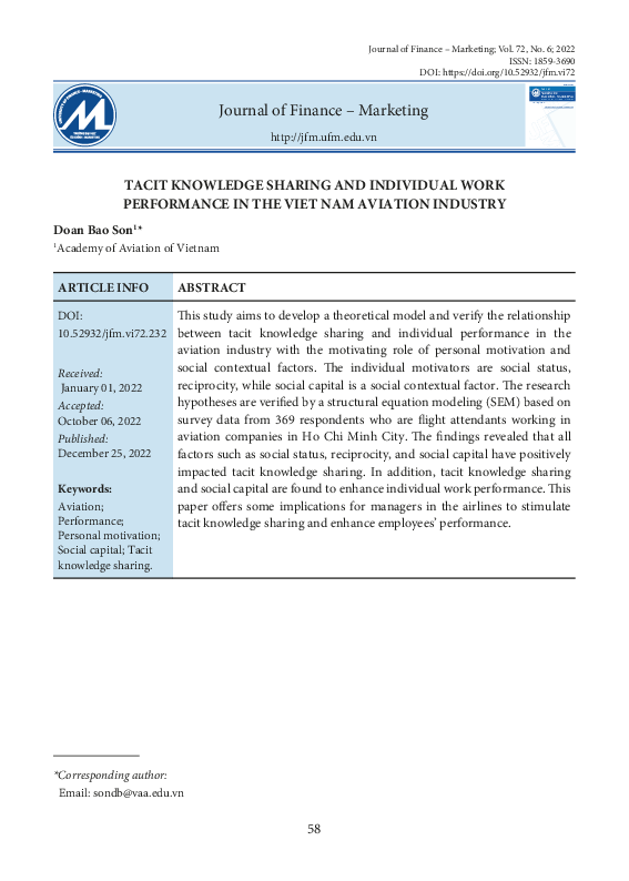 (PDF) Tacit knowledge sharing and individual work performance in the Viet Nam aviation industry