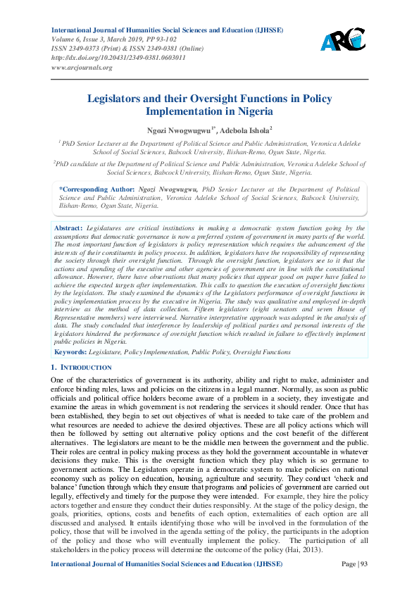 (PDF) Legislators and their Oversight Functions in Policy ...