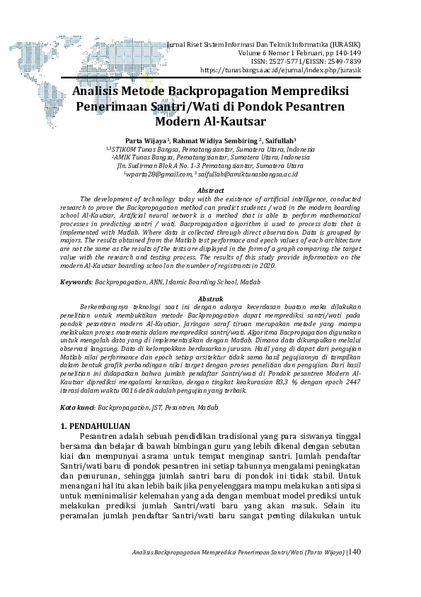 (PDF) Analisis Metode Backpropagation Memprediksi Penerimaan Santri/Wati di Pondok Pesantren ...