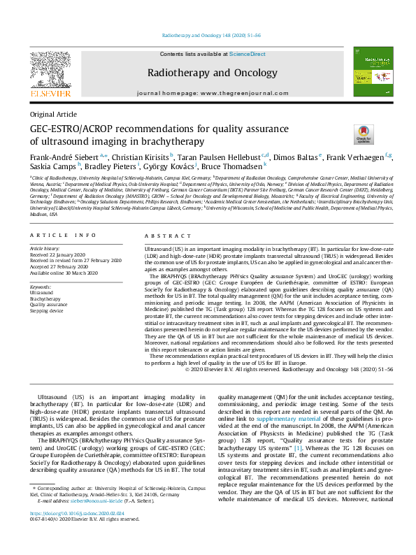 (PDF) GEC-ESTRO/ACROP recommendations for quality assurance of ...