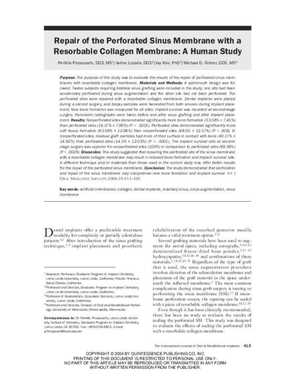 (PDF) Repair of the perforated sinus membrane with a resorbable ...