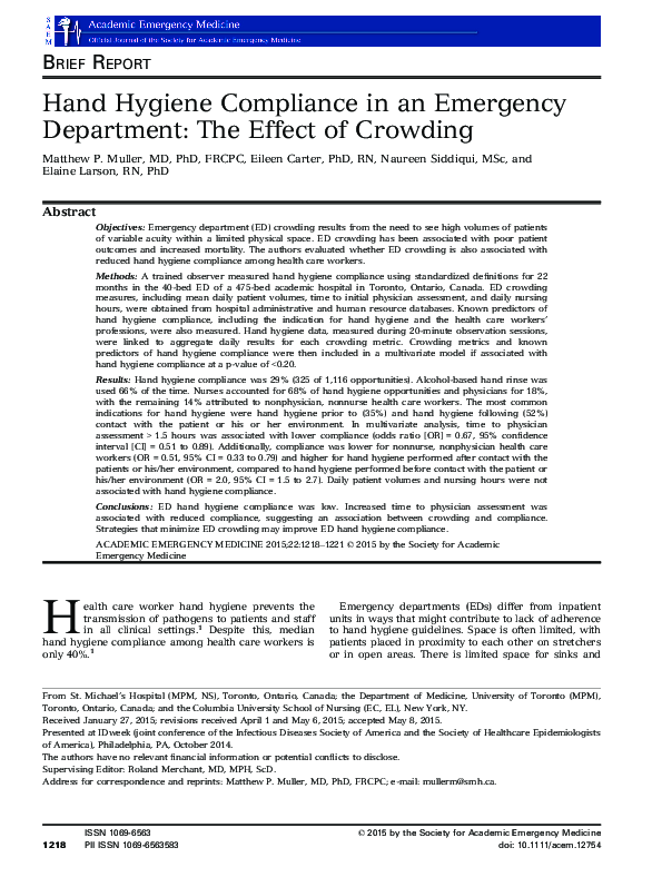 (PDF) Hand Hygiene Compliance in an Emergency Department: The Effect of ...