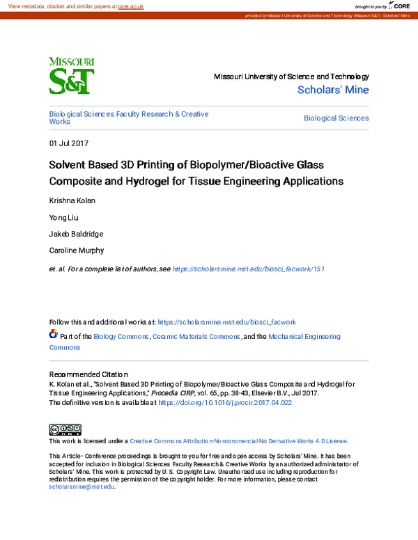 Pdf Solvent Based 3d Printing Of Biopolymer Bioactive Glass Composite And Hydrogel For Tissue