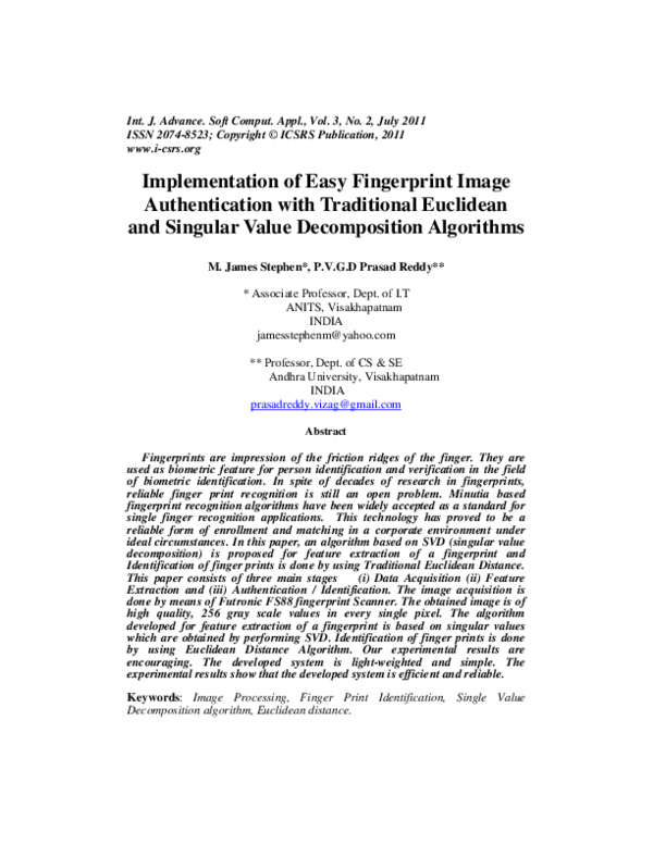 Pdf P Implementation Of Easy Fingerprint Image Authentication With Traditional Euclidean And