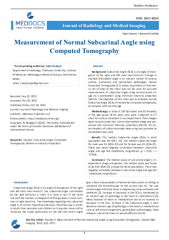(PDF) Measurement of Normal Subcarinal Angle using Computed Tomography