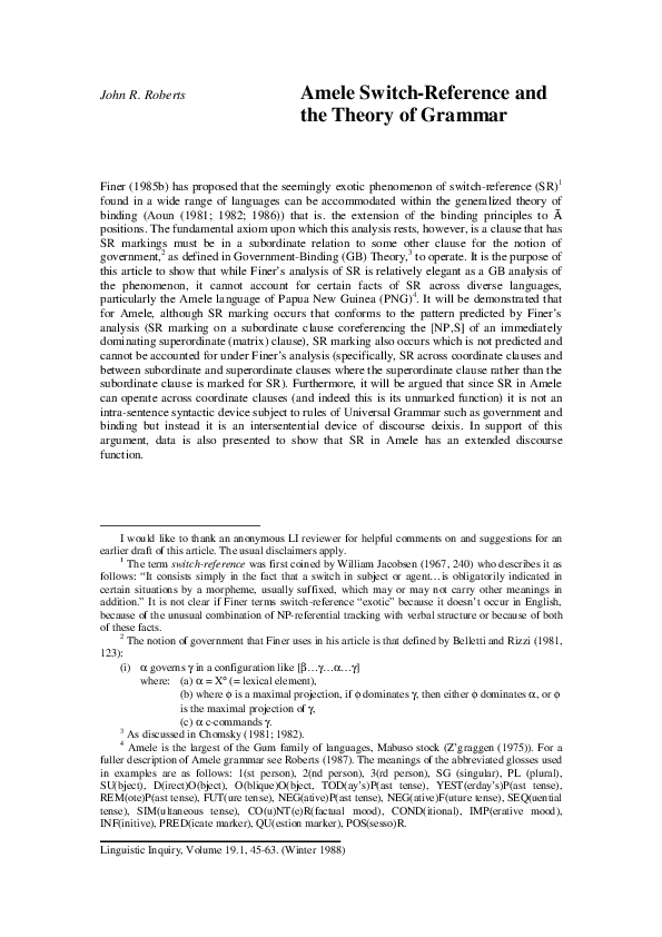 (PDF) Amele Switch-Reference and the Theory of Grammar