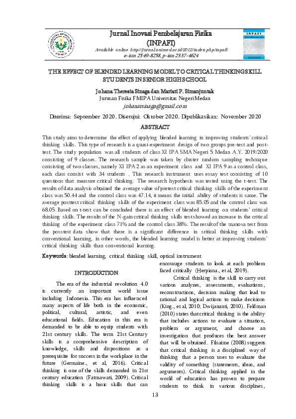 (PDF) The Effect of Blended Learning Model to Critical Thinking Skill Students in Senior High School