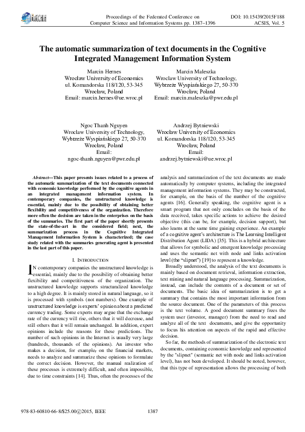 (PDF) The automatic summarization of text documents in the Cognitive ...