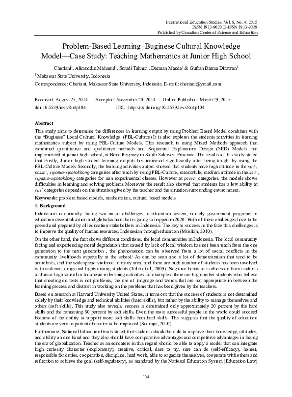 (PDF) Problem-Based Learning–Buginese Cultural Knowledge Model—Case Study: Teaching Mathematics ...