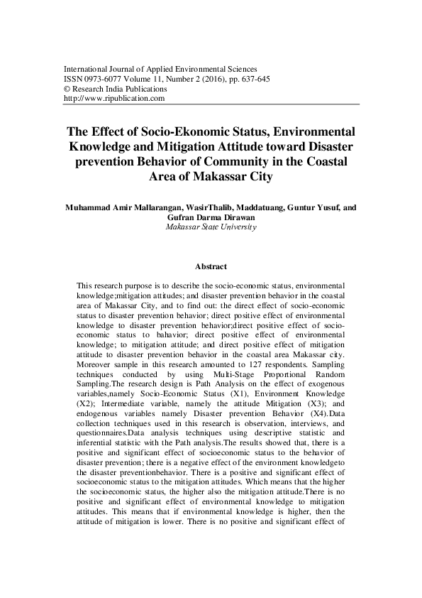 (PDF) The Effect of Socio-Ekonomic Status, Environmental Knowledge and Mitigation Attitude ...