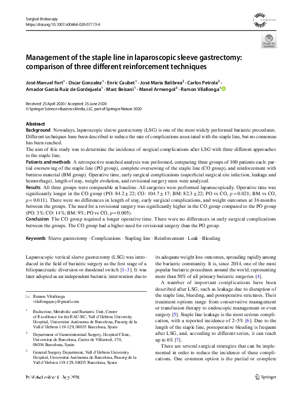 (PDF) Management of the staple line in laparoscopic sleeve gastrectomy ...