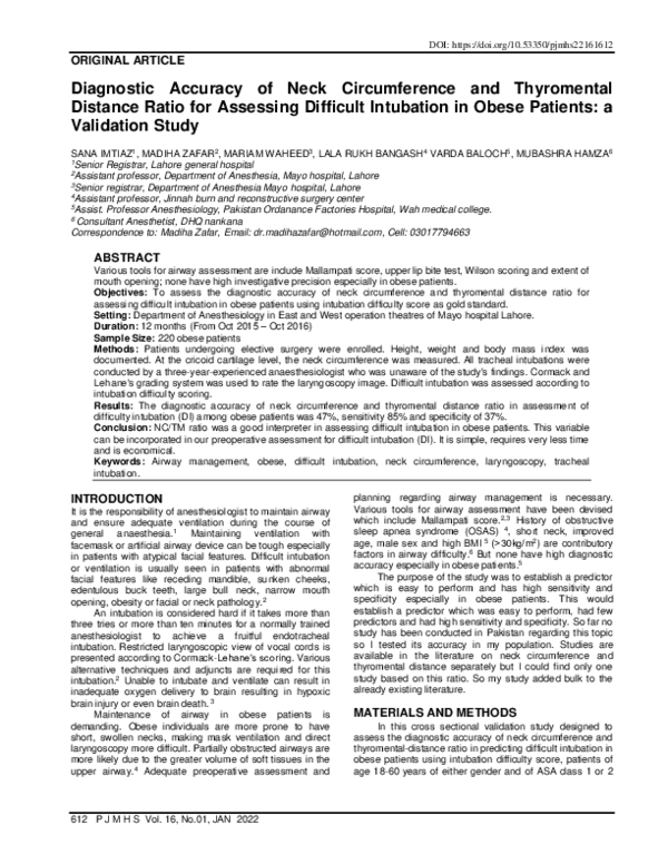 (PDF) Diagnostic Accuracy of Neck Circumference and Thyromental ...