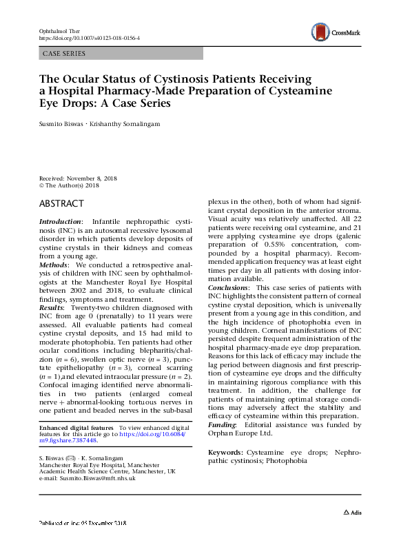 (PDF) The Ocular Status of Cystinosis Patients Receiving a Hospital ...