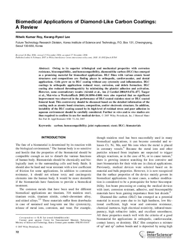 (PDF) Biomedical applications of diamond-like carbon coatings: A review