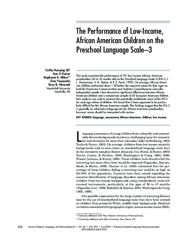 (PDF) The Performance of Low-Income, African American Children on the ...