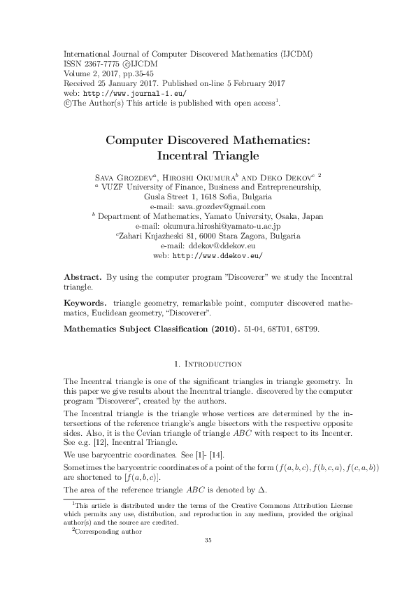 (PDF) Computer Discovered Mathematics: Incentral Triangle