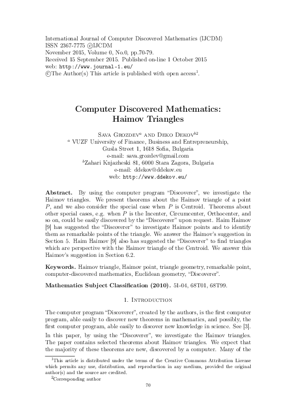 (PDF) Computer Discovered Mathematics: Haimov Triangles