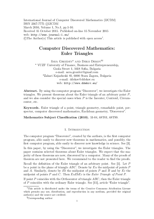 (PDF) Computer Discovered Mathematics: Euler Triangles | Sava Grozdev ...