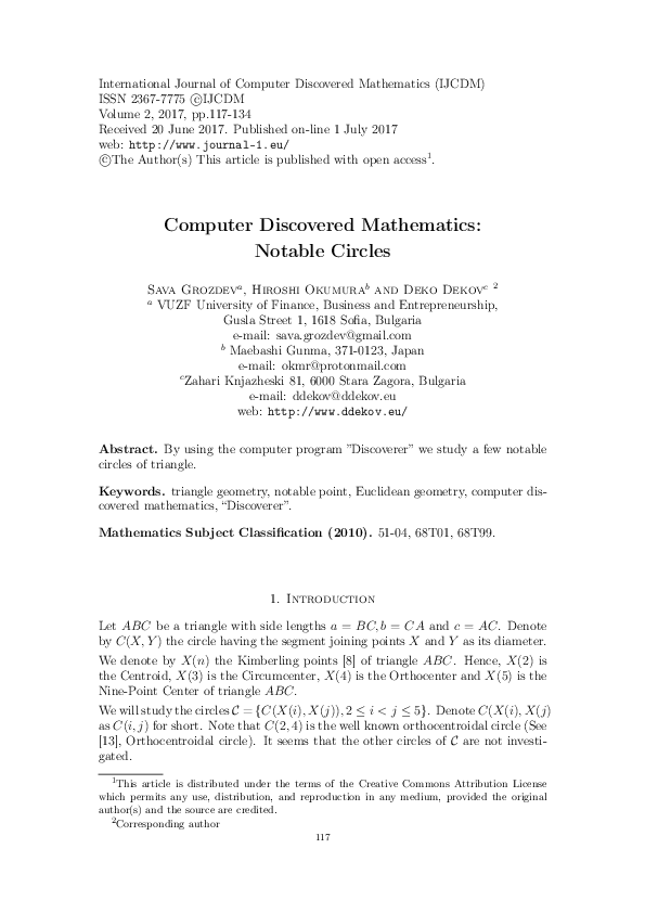 (PDF) Computer Discovered Mathematics: Notable Circles