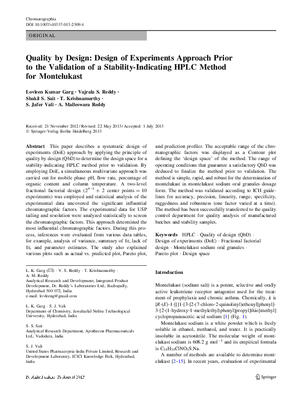 (PDF) Quality by Design: Design of Experiments Approach Prior to the Validation of a Stability ...