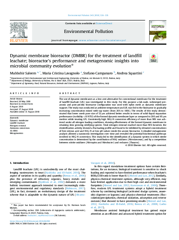 (PDF) Dynamic membrane bioreactor (DMBR) for the treatment of landfill ...