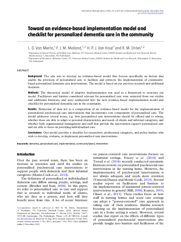 (PDF) Toward an evidence-based implementation model and checklist for personalized dementia care ...