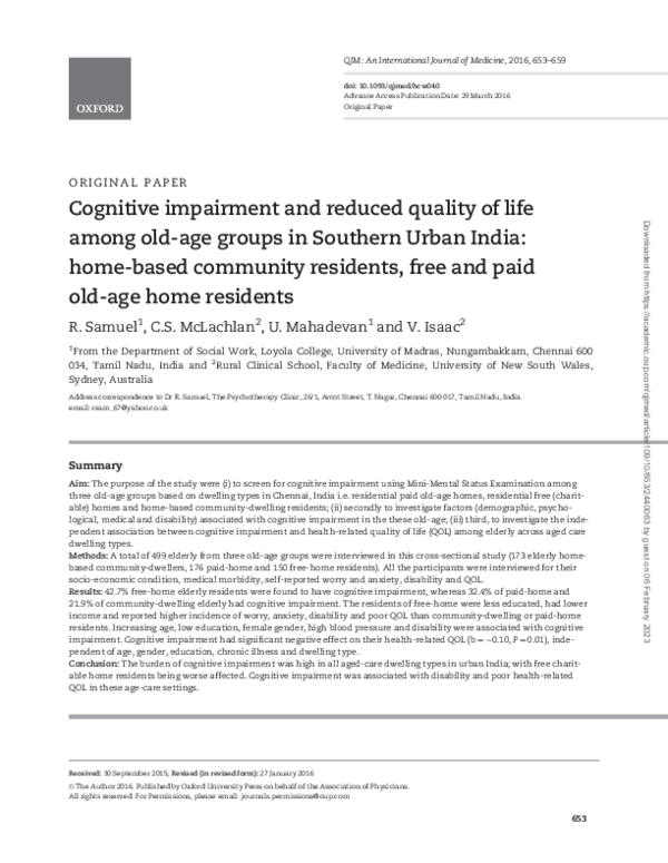 (PDF) Cognitive impairment and reduced quality of life among old-age ...