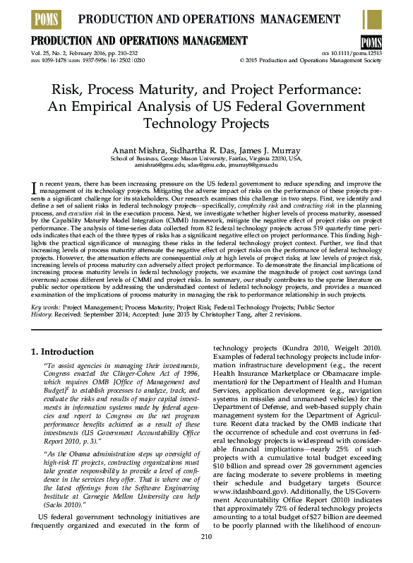 (PDF) Risk, Process Maturity, and Project Performance: An Empirical Analysis of US Federal ...