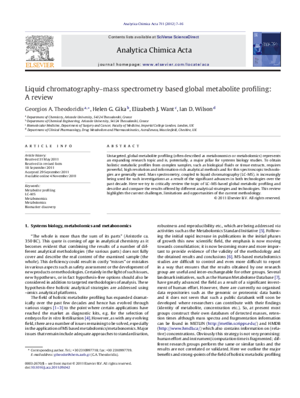 (PDF) Liquid chromatography–mass spectrometry based global metabolite profiling: A review