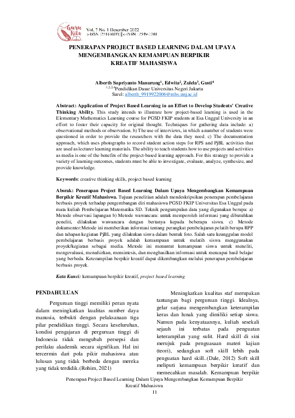 (PDF) Penerapan Project Based Learning Dalam Upaya Mengembangkan Kemampuan Berpikir Kreatif ...