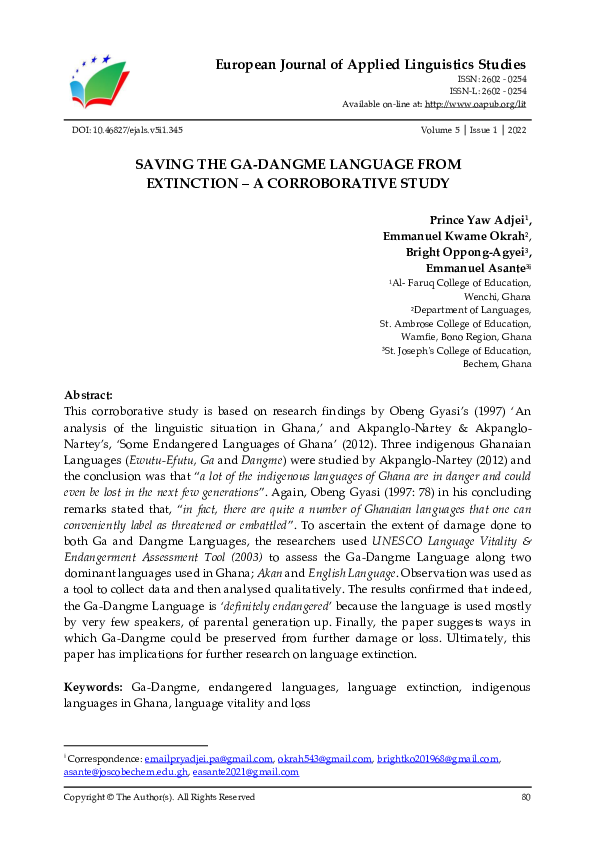 (PDF) Saving the Ga-Dangme Language from Extinction – a Corroborative Study