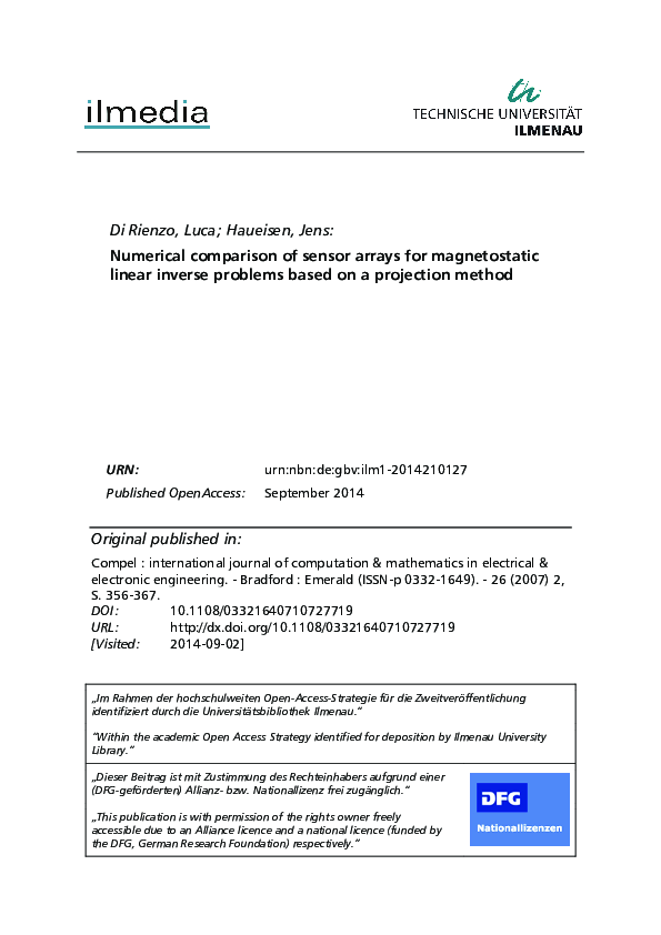 Pdf Numerical Comparison Of Sensor Arrays For Magnetostatic Linear Inverse Problems Based On A