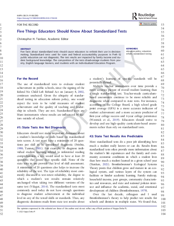 (PDF) Five Things Educators Should Know About Standardized Tests