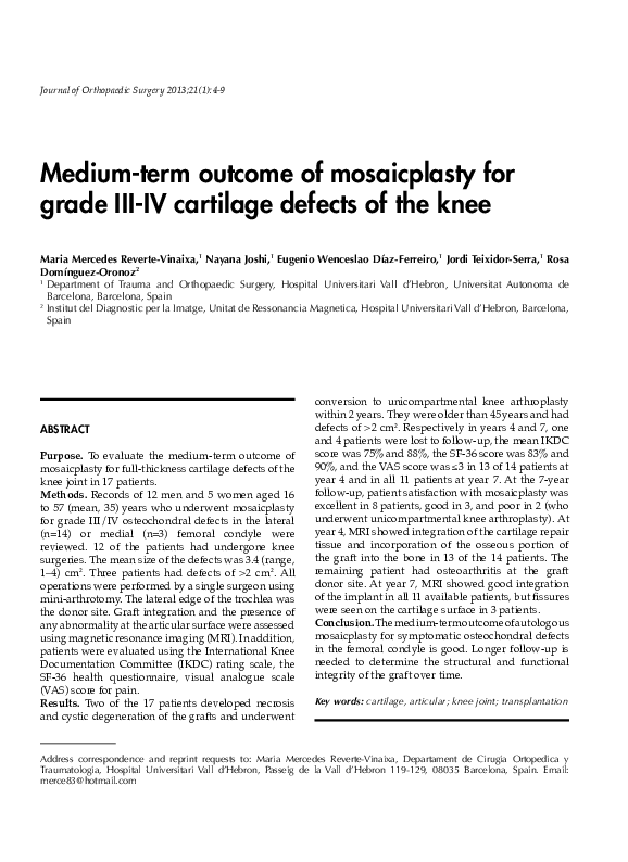 (PDF) Medium-term outcome of mosaicplasty for grade III-IV cartilage ...